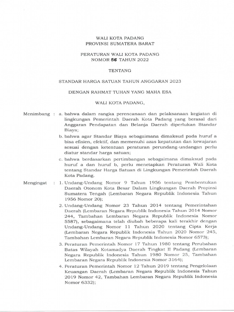 PERWAKO NO 56 TAHUN 2022 Tentang Standar Harga Satuan TA 2023 | PDF