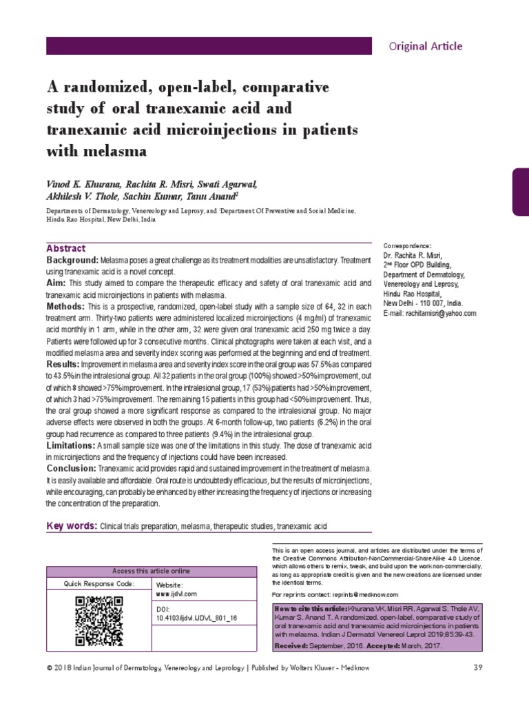 A Randomized, Open-Label, Comparative Study of Oral Tranexamic Acid and Tranexamic Acid ...