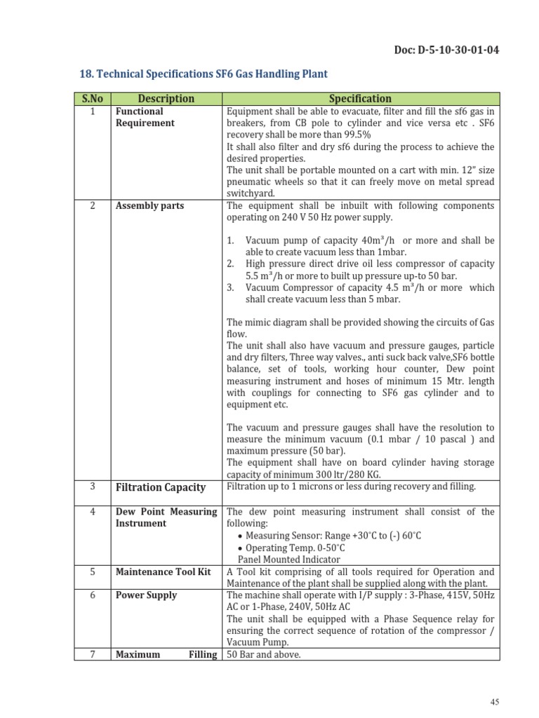 PGCIL - Technical Specifications SF6 Gas Handling Plant | PDF | Vacuum | Filtration