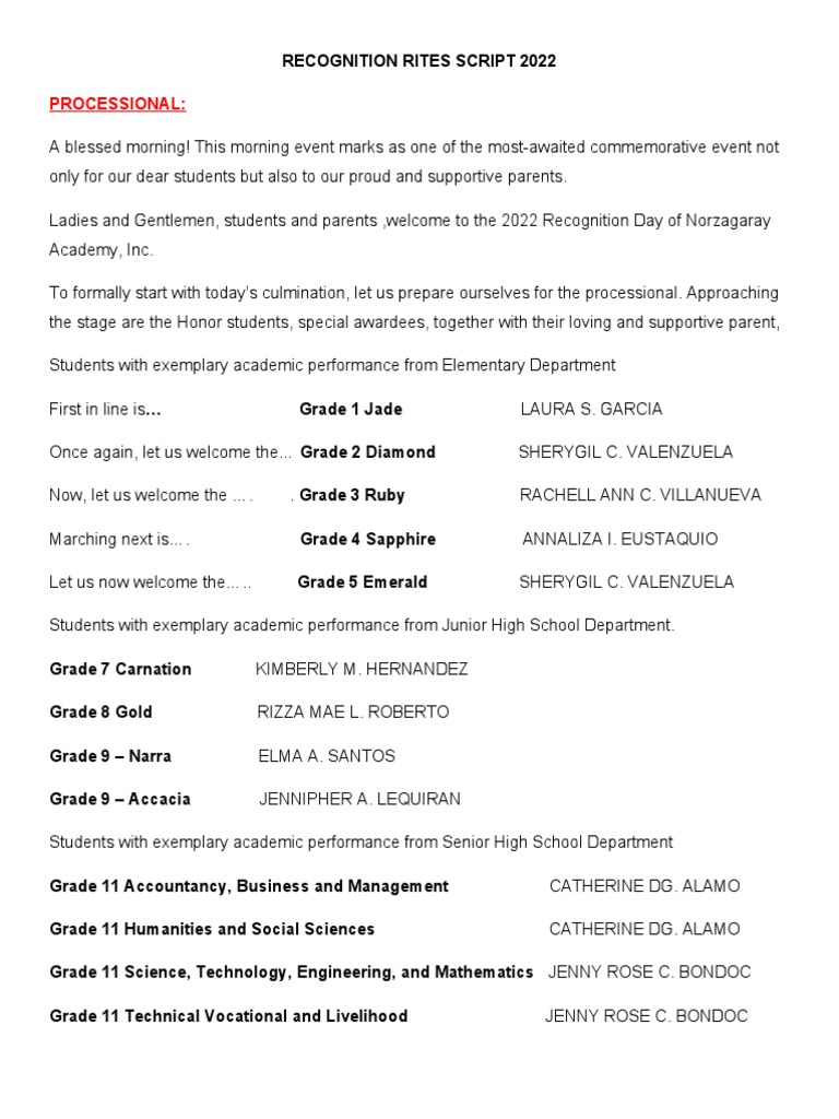 Recognition Rites Script 2022 | PDF | Wellness