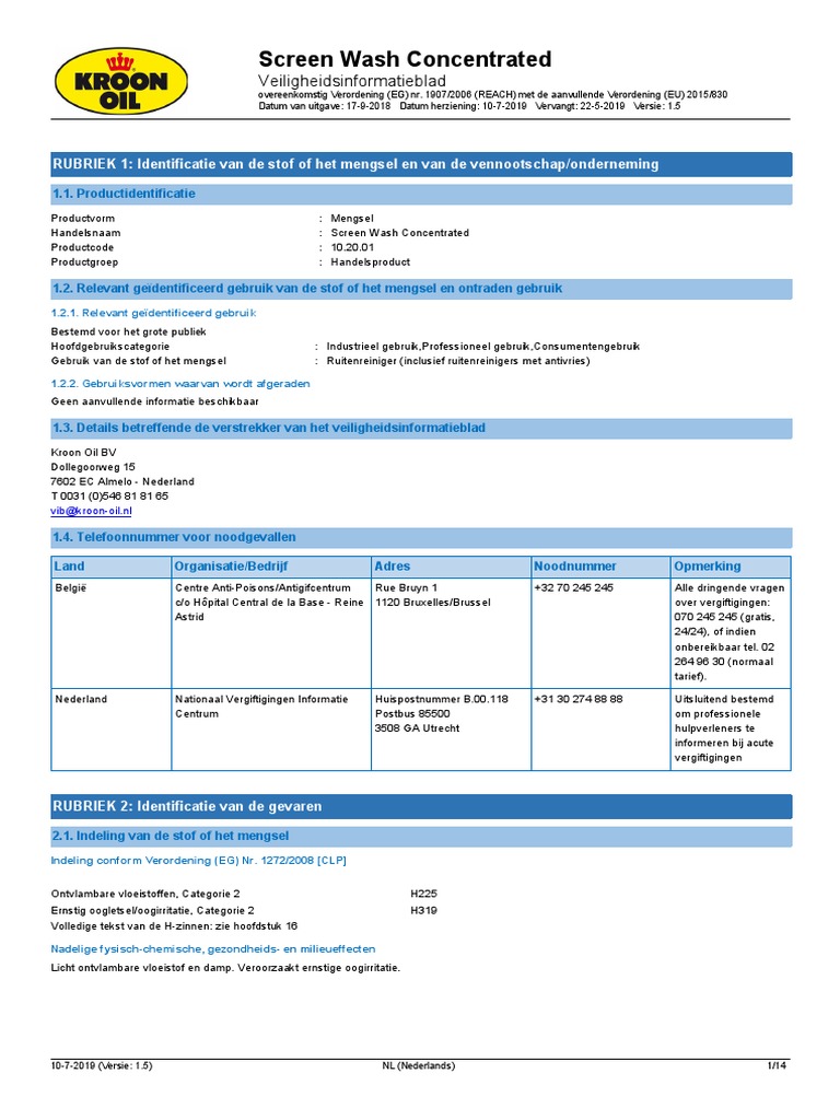 Kroon Screen Wash - SDS-102001-screen-wash-concentrated-NL | PDF