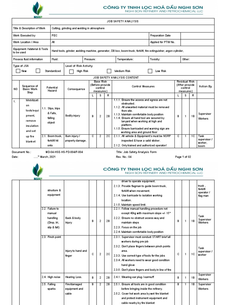 JSA For Cutting, Grinding and Welding in Atmosphere | PDF | Occupational Safety And Health | Safety