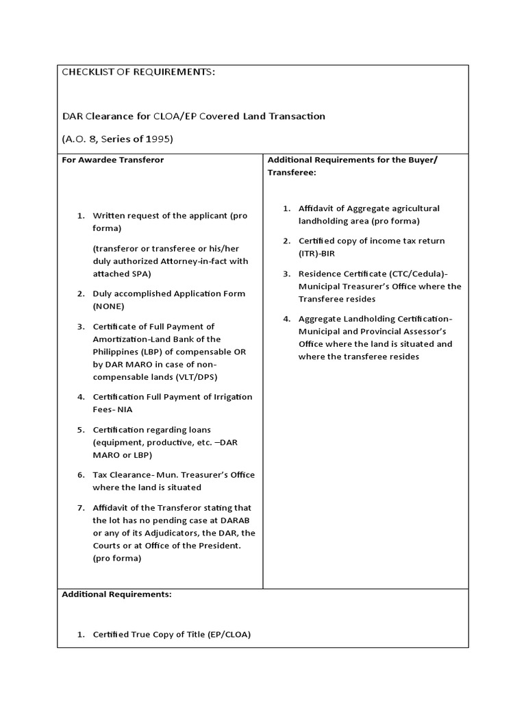 DAR Clearance For CLOA/EP Covered Land Transaction (A.O. 8, Series of ...