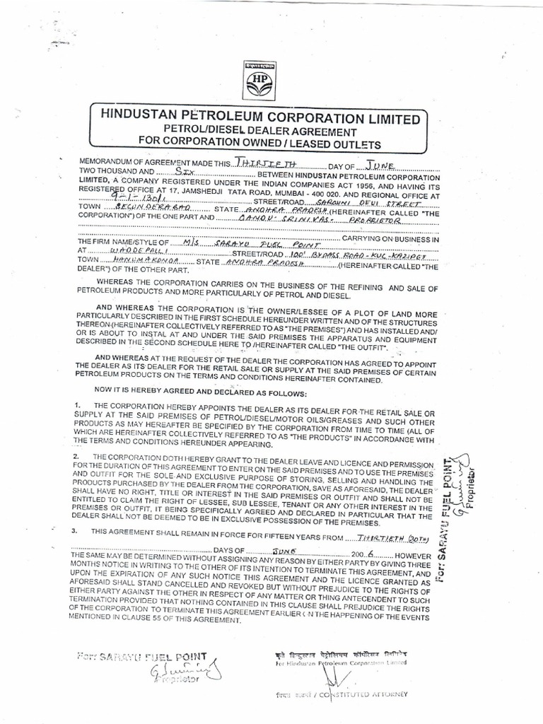 HPCL Dealer Agreement | PDF