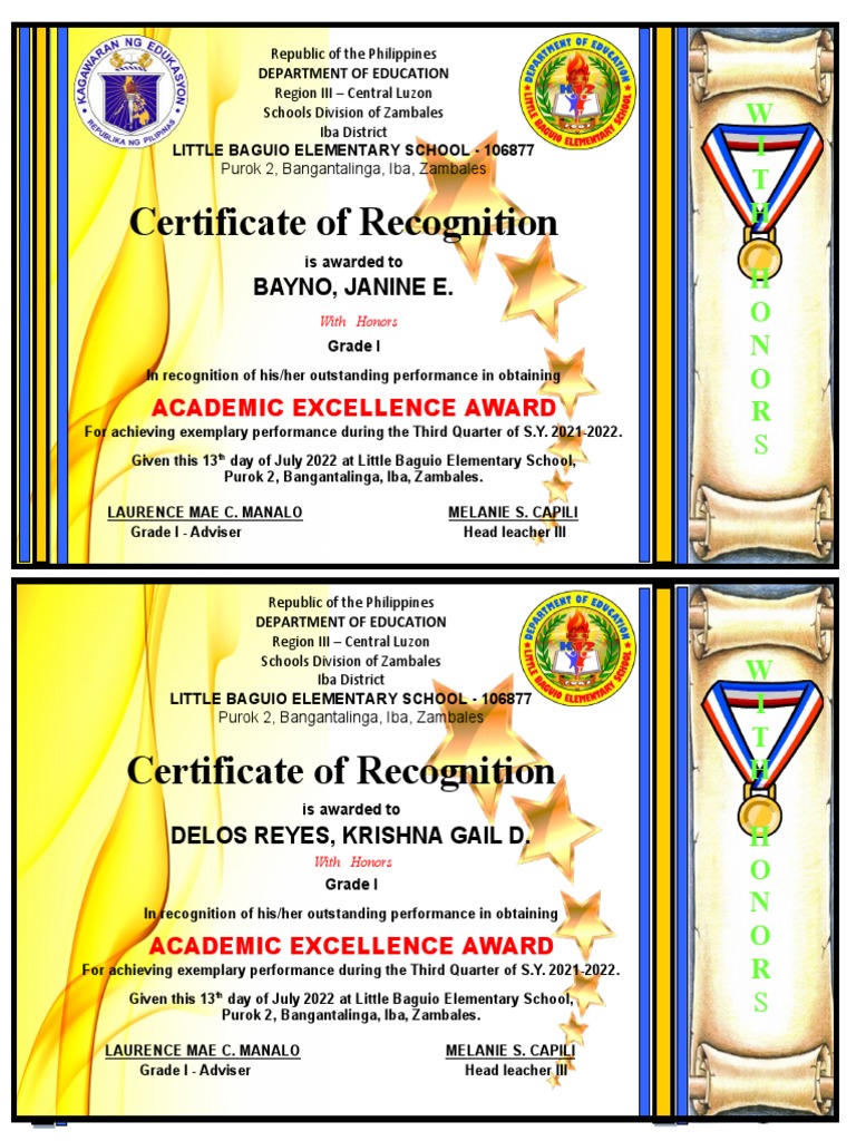 3rd Quarter Academic Recognition Certificates | PDF | Philippines