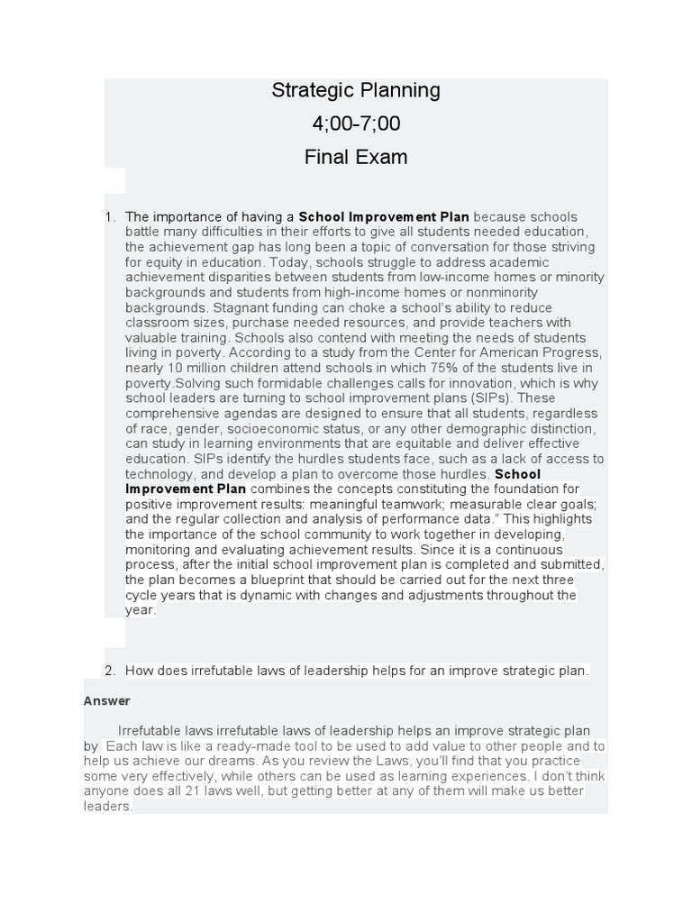 Final Exam Strategic Planning | Download Free PDF | Education Reform ...