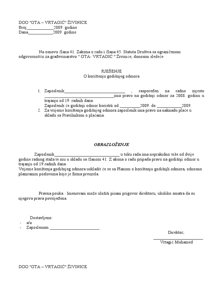 Rješenje o Godišnjem Odmoru | PDF