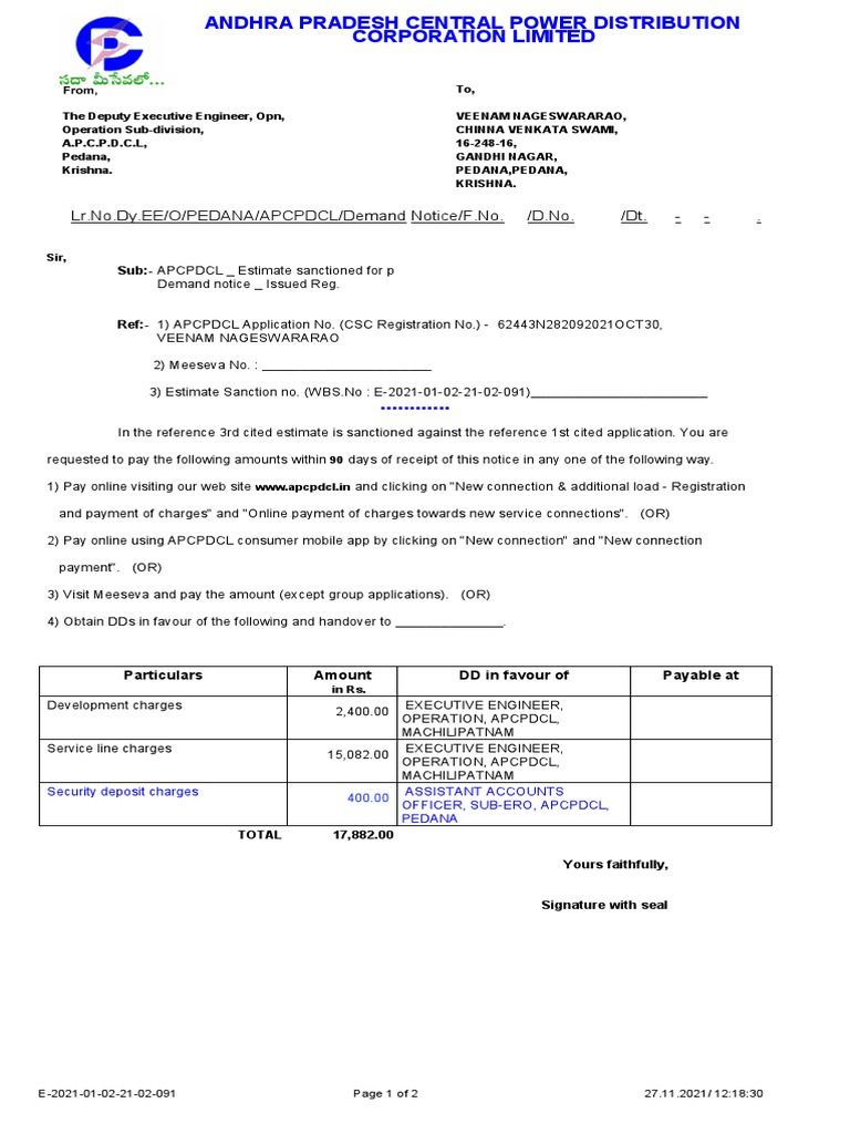 APCPDCL Demand Notice for New Connection | PDF | Business | Service ...
