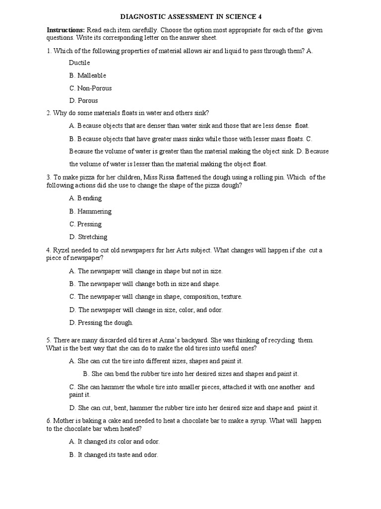 Diagnostic Assessment Science Grade 4 | PDF | Water | Small Intestine
