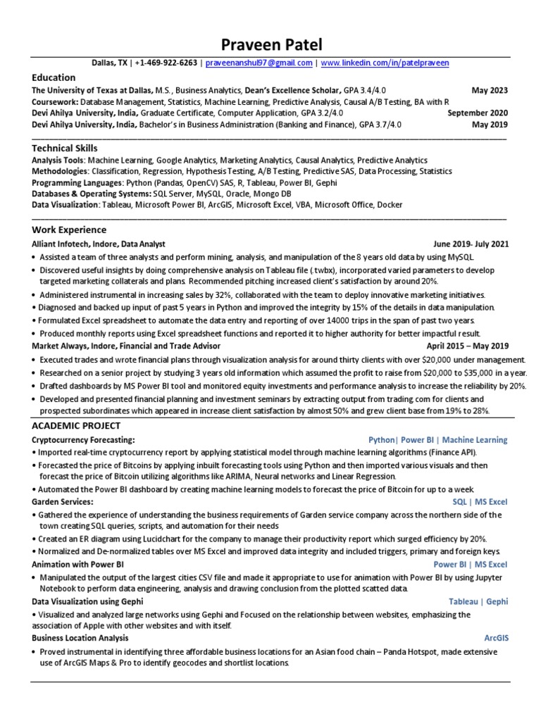 2022 Praveen Patel Resume | PDF | Analytics | Machine Learning