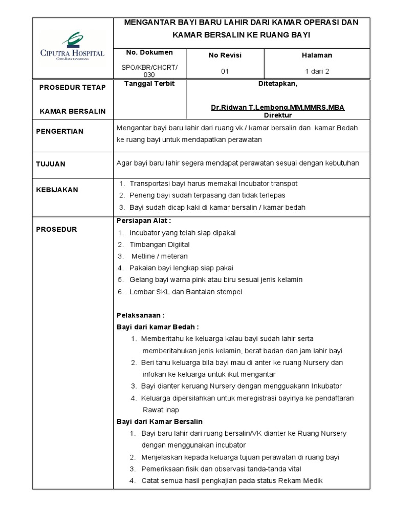 Spo Kbr-Mengantar Bayi Baru Lahir Dari Kamar Operasi Dan Kamar Bersalin Ke Truang Bayi-1 | PDF