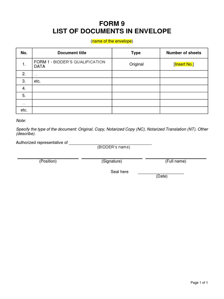 1414 - 09 - Form 9 - List of Documents in Envelope | PDF