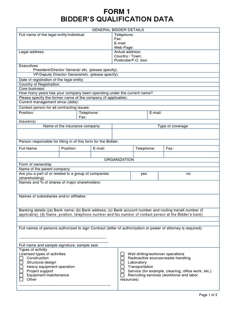 1414 - 01 - Form 1 - Bidder's Qualification Data | PDF | Fax | Business