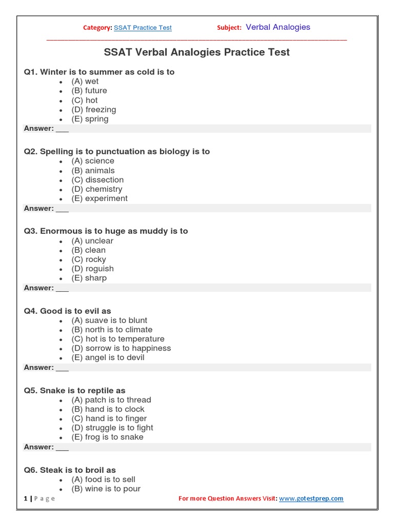 SSAT VA Test | PDF
