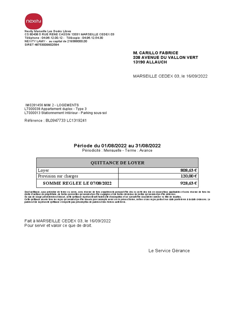 Quittance de Loyer - Nexity Marseille | PDF