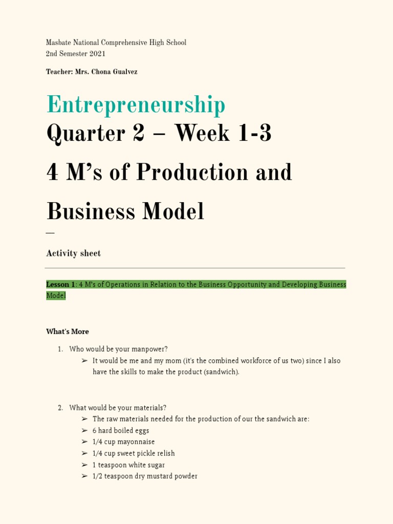 Entrepreneurship - Quarter 2 - Week 1-3 - 4 M's of Production and ...