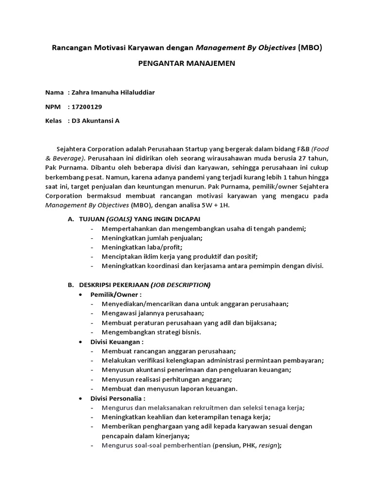 Tugas Rancangan MBO - Zahra D3 Ak | PDF