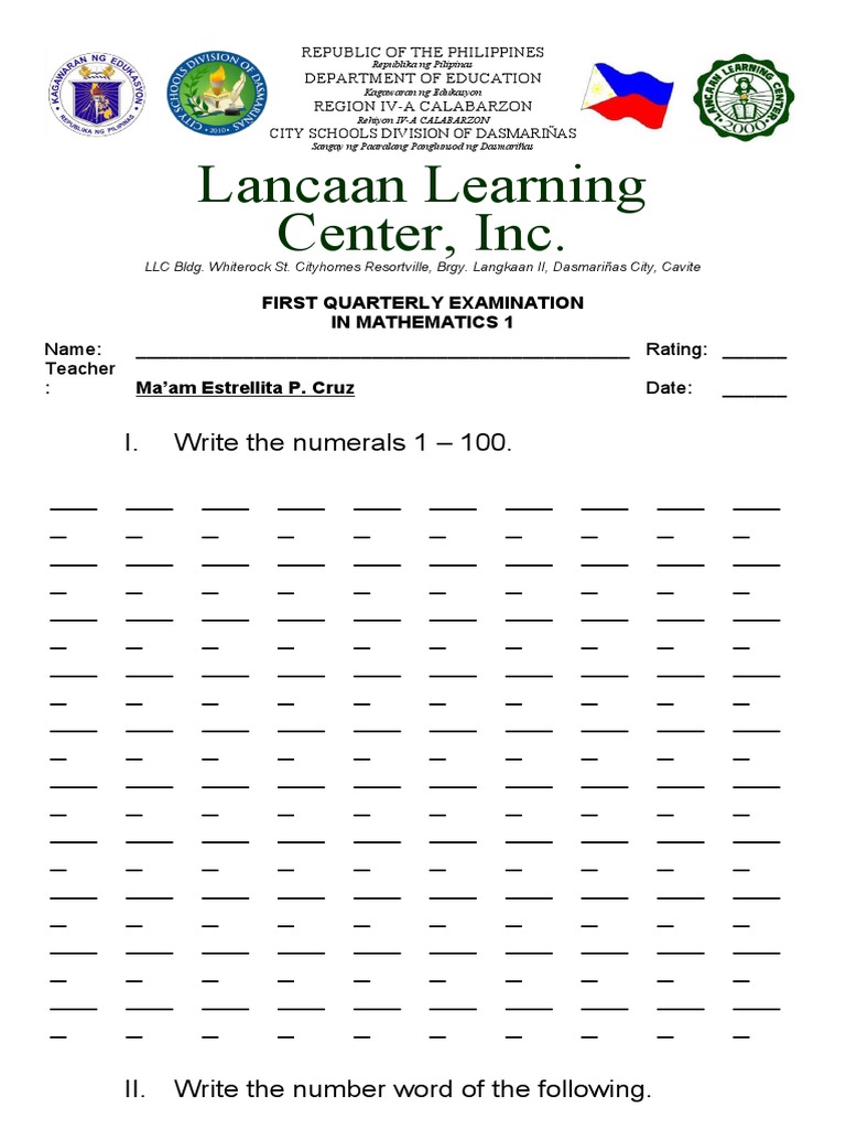 First Quarterly Math Exams for K-4 | PDF | Mathematics