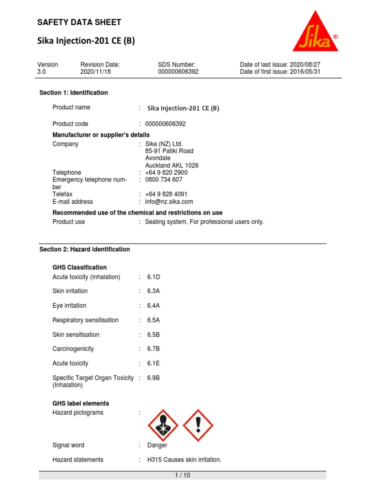 Sika Injection-201 CE Safety Data Sheet | PDF | Toxicity | Dangerous Goods