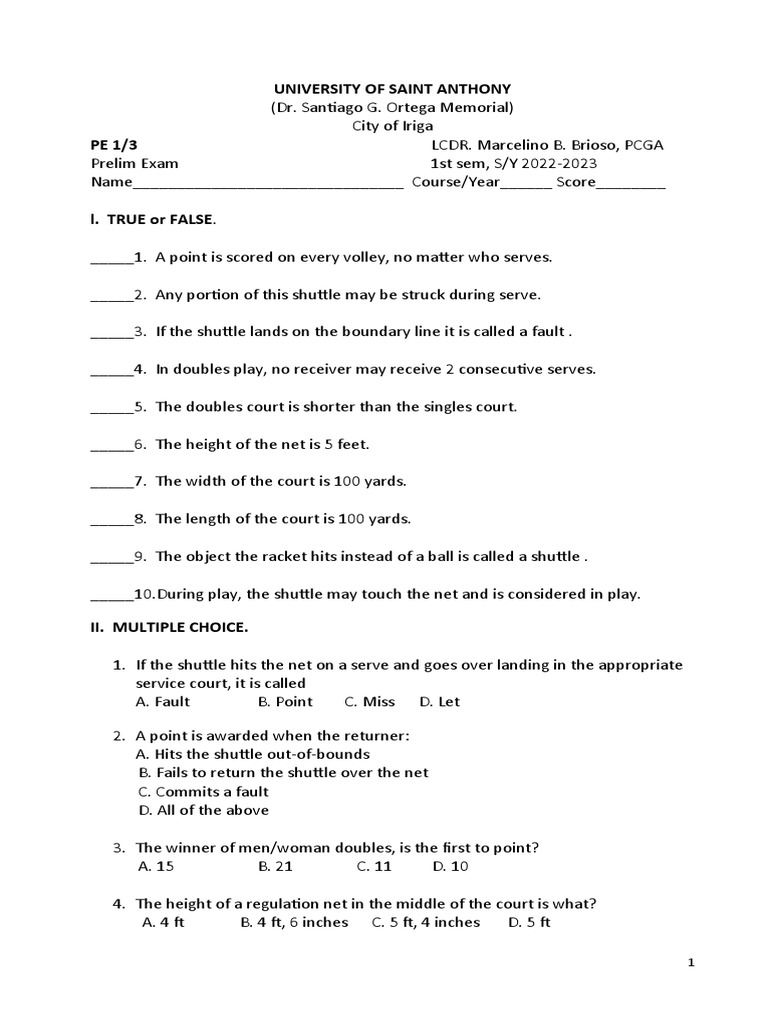 PE 1 - 3 Prelim EXAM | PDF | Hobbies | Leisure