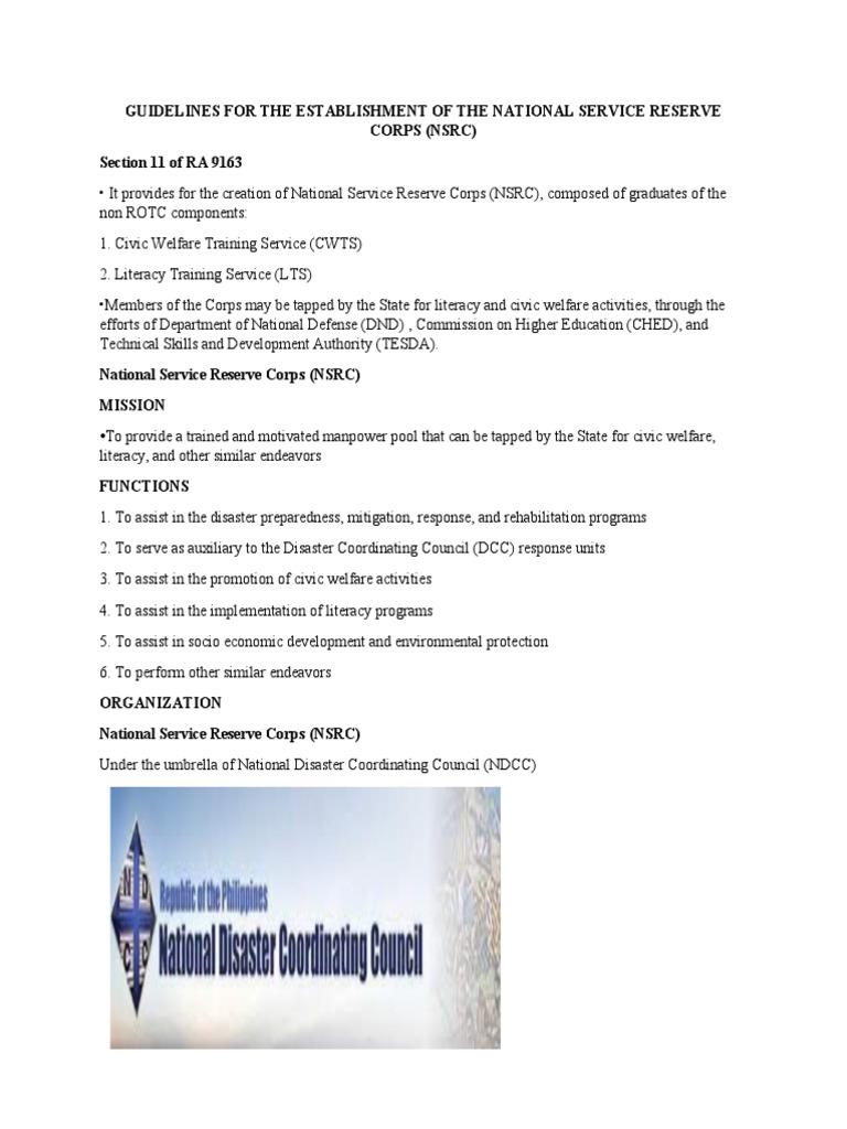 Guidelines For The Establishment of The National Service Reserve Corps ...