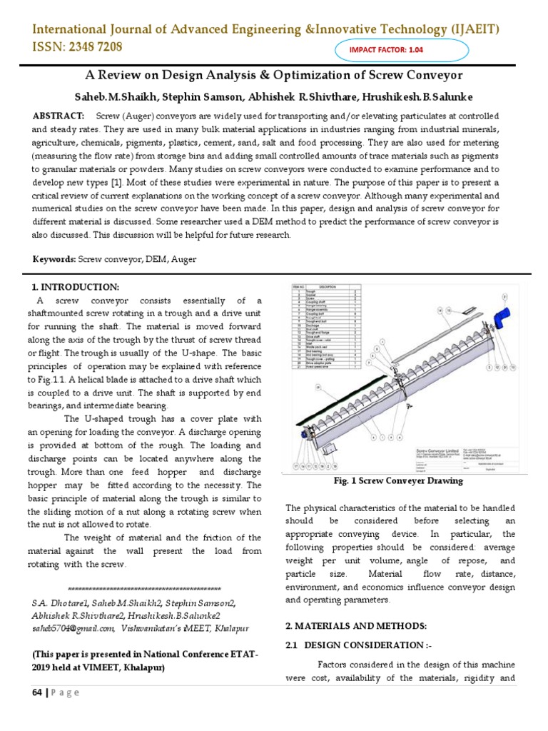 A Review On Design Analysis & Optimization of Screw Conveyor | PDF | Screw | Bearing (Mechanical)