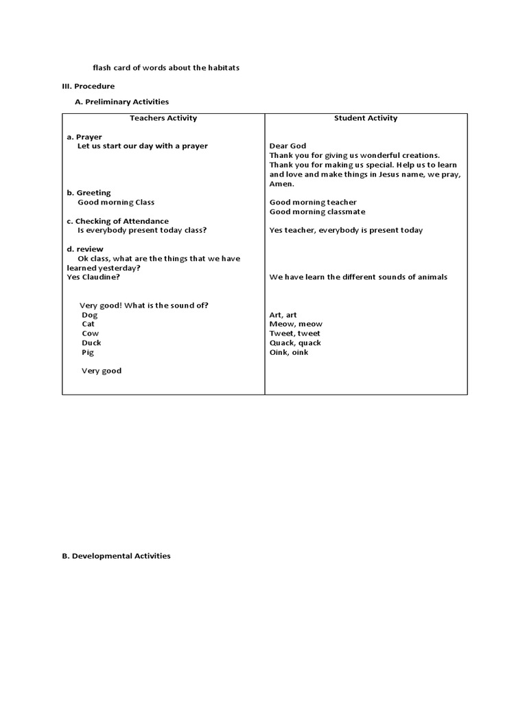 III. Procedure A. Preliminary Activities Teachers Activity A. Prayer ...