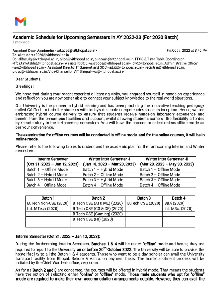 Gmail Academic Schedule For Upcoming Semesters in AY 2022 23 For | PDF