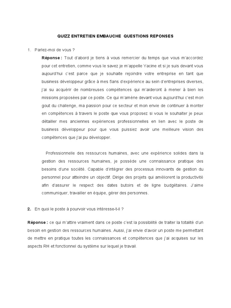 Quizz Entretien Embauche Preparation Questions Reponses | PDF | Gestion ...