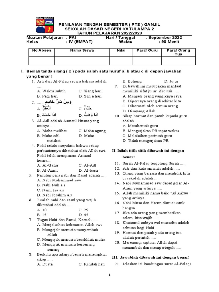 Soal PTS Ganjil PAI Kelas 4 | PDF