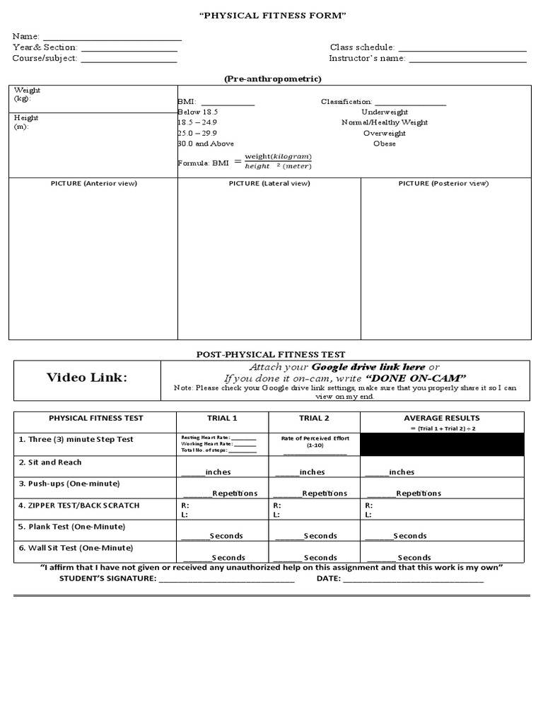 Student Fitness Assessment Form | PDF | Body Mass Index | Obesity