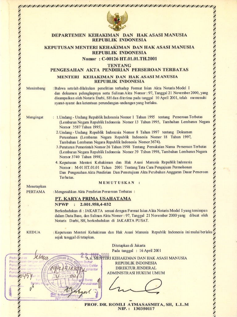 SK Kemenkumham Akta Pendirian, Nomor 97 Tanggal 21 November 2000 | PDF