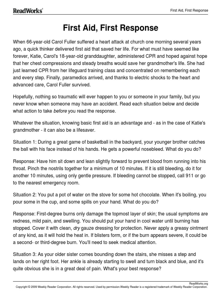 Readworks Grade 5 - First Aid, First Response | PDF | First Aid ...