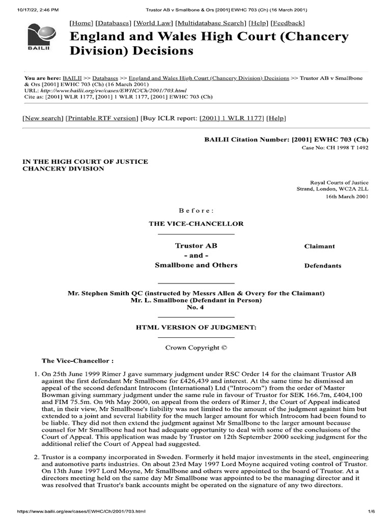 Trustor AB Vs Smallbone & Ors | PDF