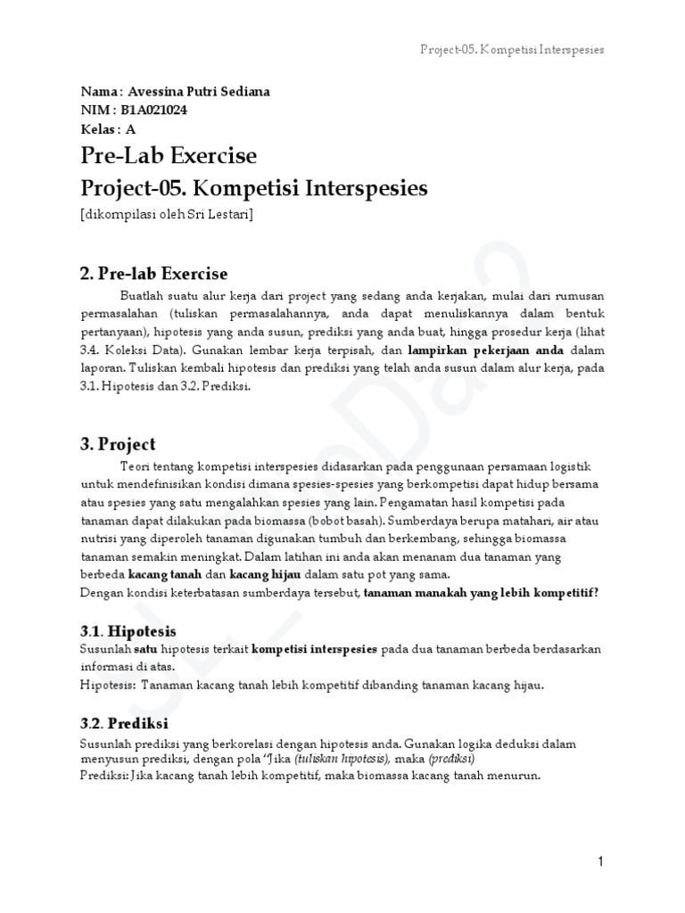 AVESSINA PUTRI SEDIANA 1 - Salinan Pre-Lab Exercise - Project-05. Kompetisi Interspesies | PDF