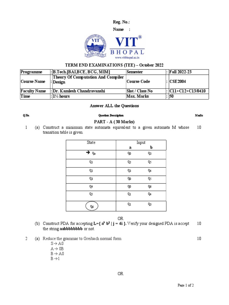 Cse2004 Theory Of Computation And Compiler Design Tee Pdf Theoretical Computer Science Syntax