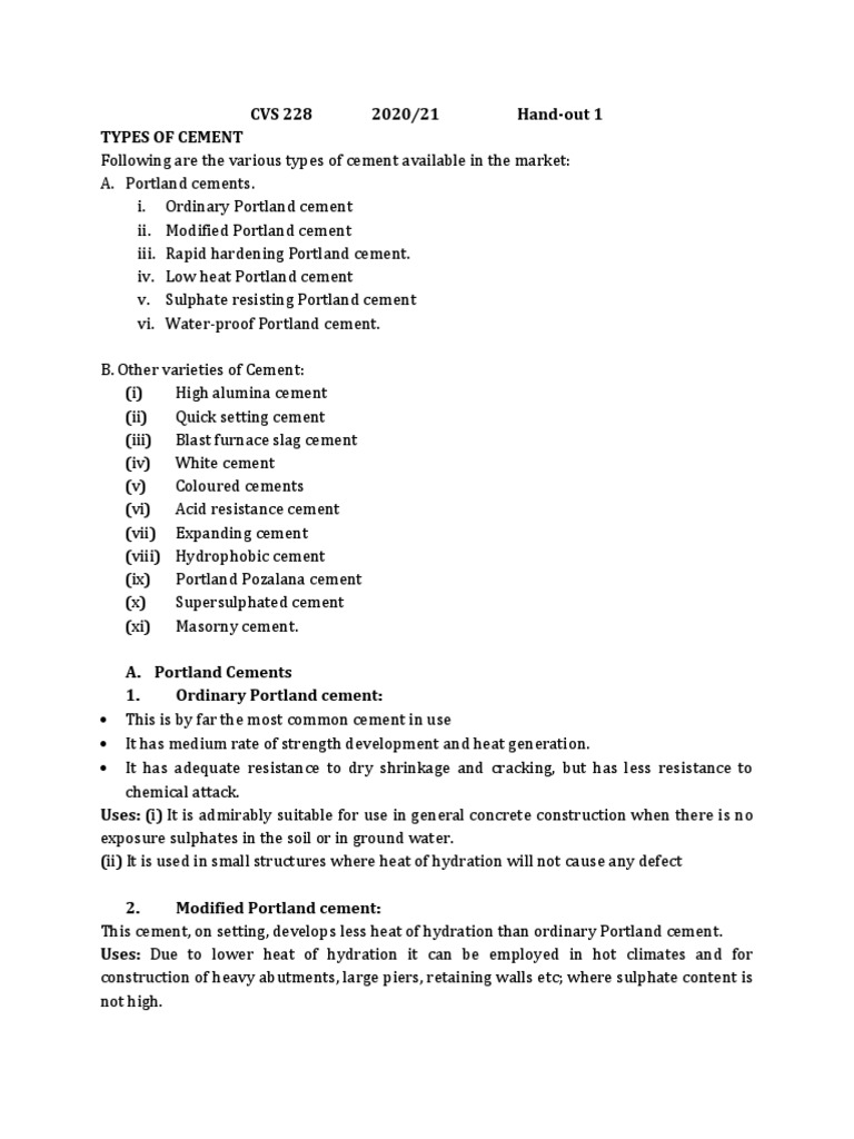 CVS 228 Types of Cements | PDF | Cement | Concrete