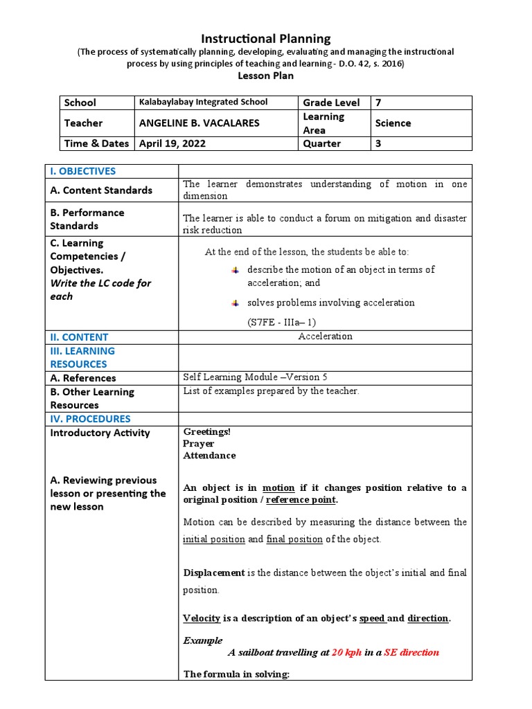 Lesson Plan in Science 7 - Acceleration | PDF | Acceleration | Velocity