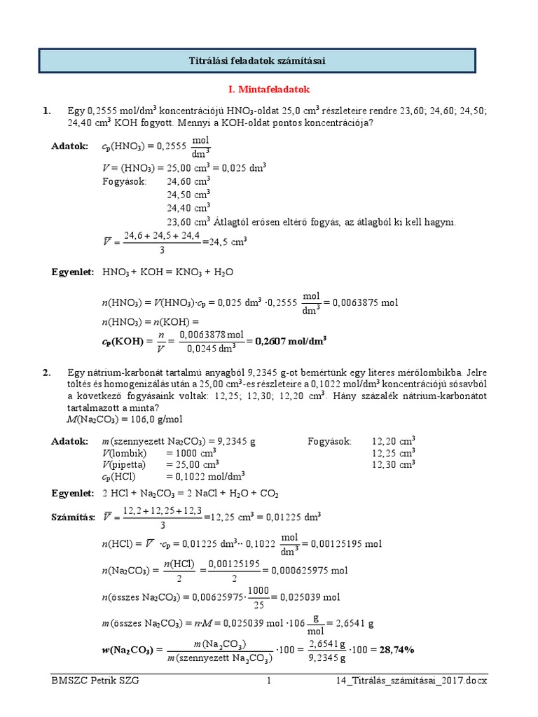 Titrálási Feladatok Számításai. I. Mintafeladatok | PDF