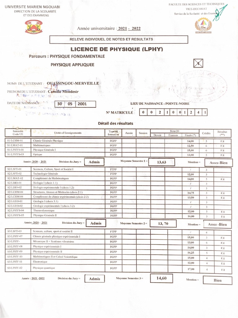 Relevé de Noté s1 Et s2 | PDF