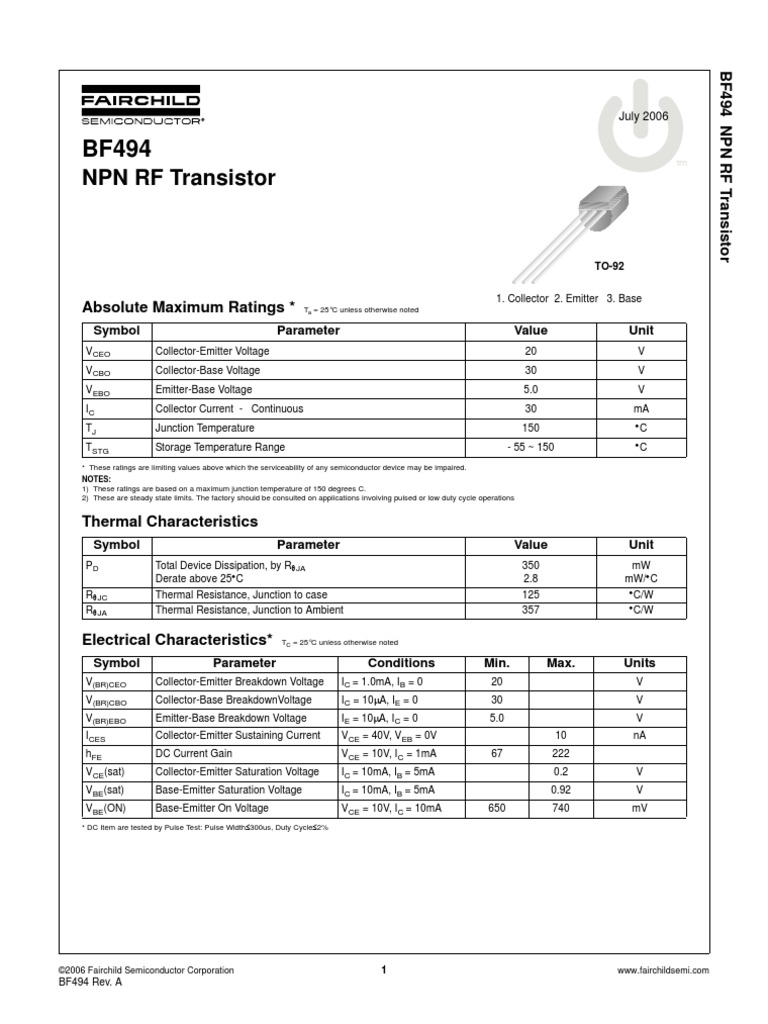 NPN RF Transistor: Absolute Maximum Ratings | PDF | Bipolar Junction ...