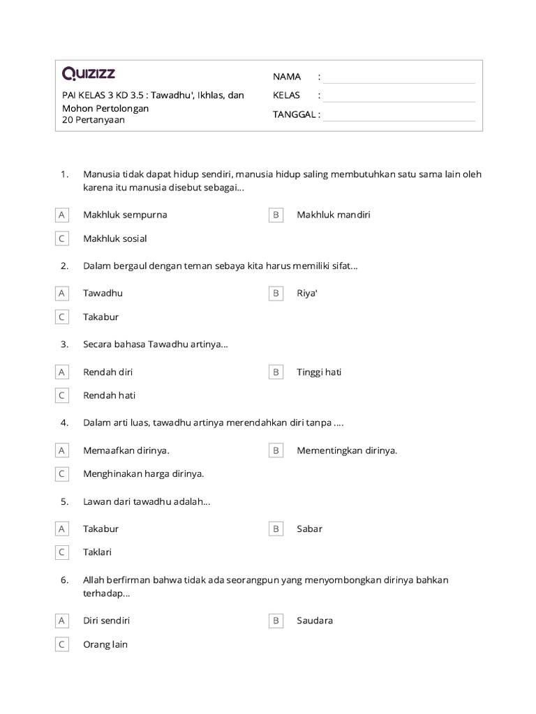 PAI KELAS 3 KD 3.5 - Tawadhu', Ikhlas, Dan Mohon Pertolongan | PDF