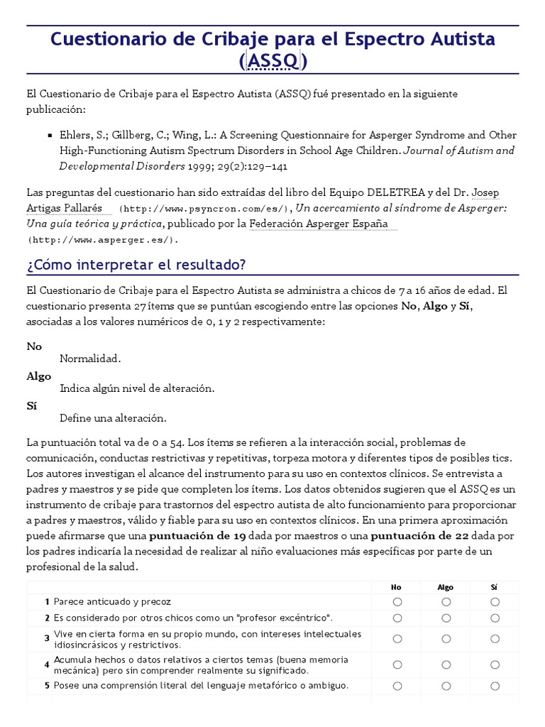 Cuestionario de Cribaje para El Espectro Autista ASSQ | PDF | Espectro ...