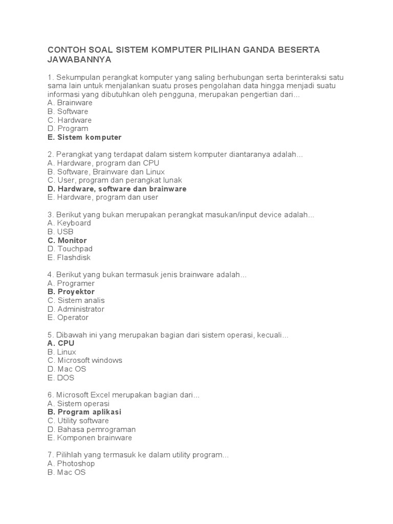 Contoh Soal Sistem Komputer Pilihan Ganda Beserta Jawabannya | PDF