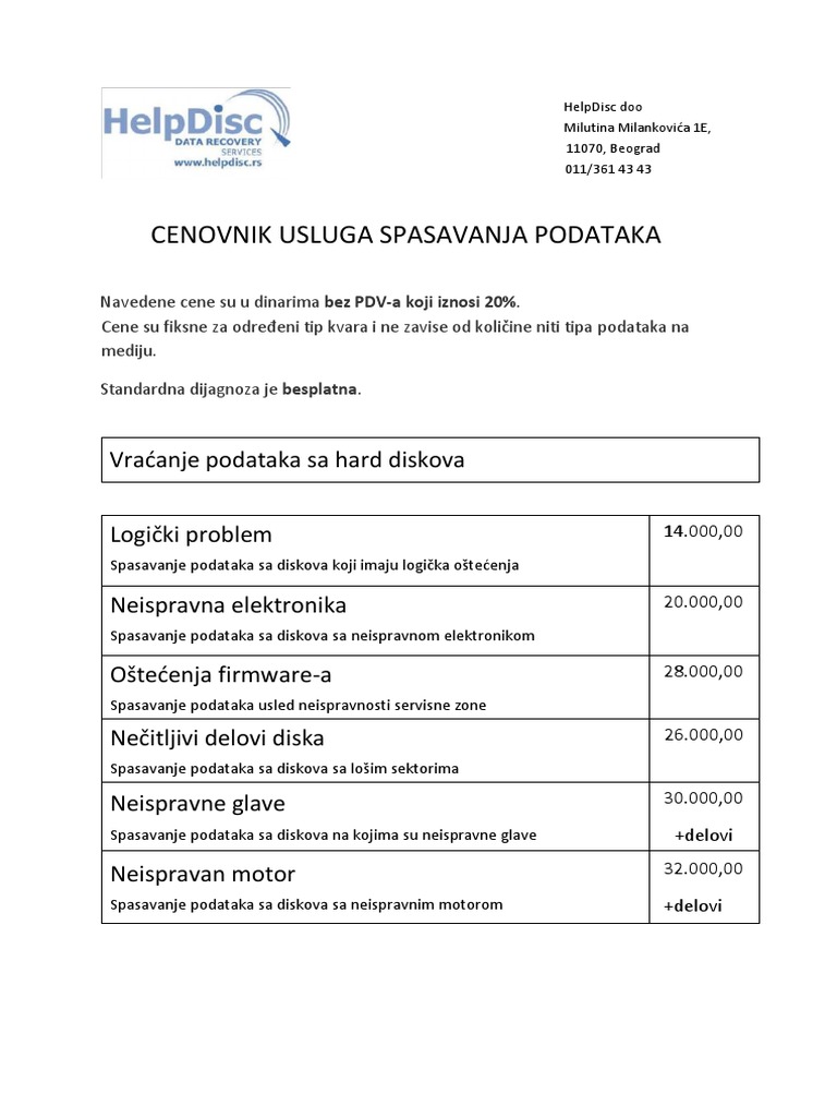 Vracanje Podataka Cenovnik HelpDisc Beograd 2022 - v1 | PDF