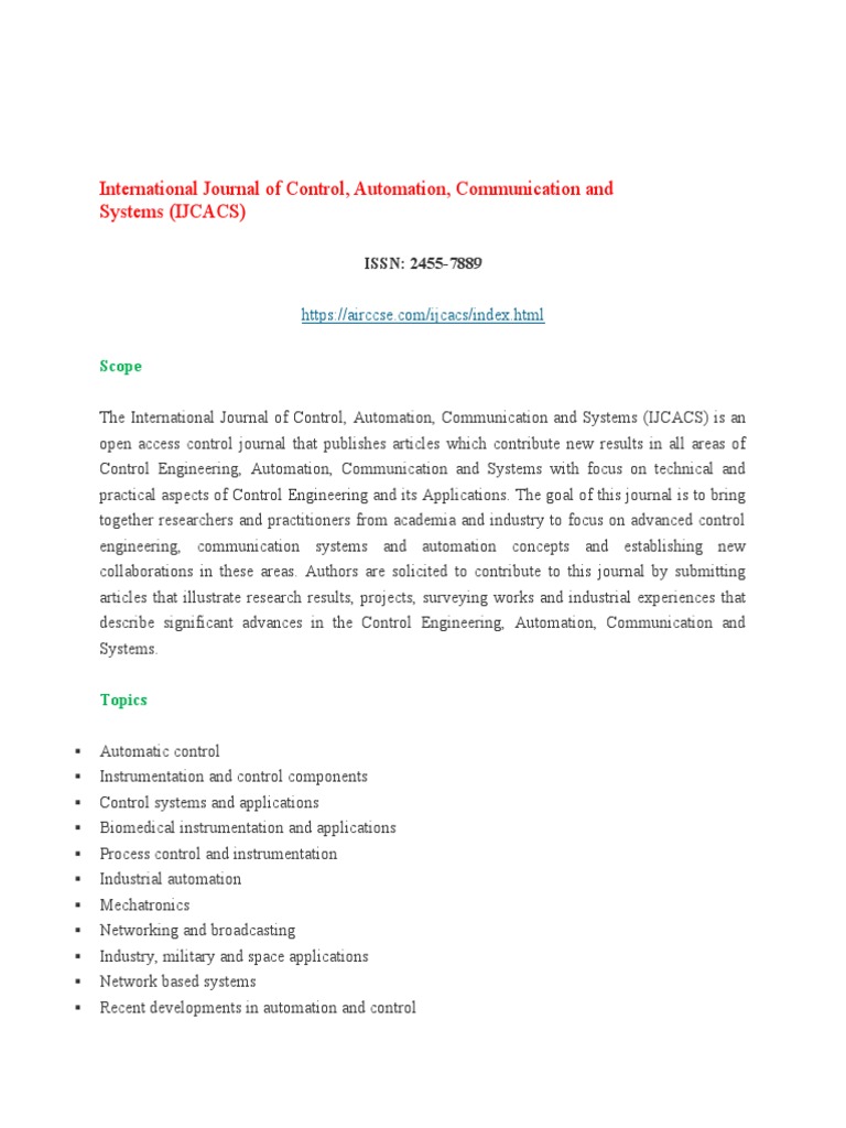 Call For Papers - International Journal of Control, Automation ...