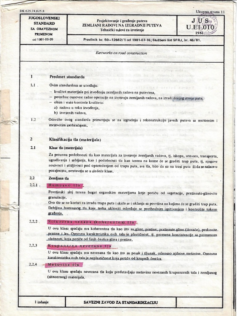 JUS U.E1.010 Zemljanih Radova Na Izgradnji Puteva - Projekotvanje I ...