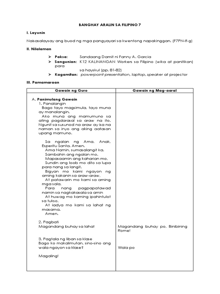 Banghay Sa Pakikinig Detalyadong Banghay | PDF