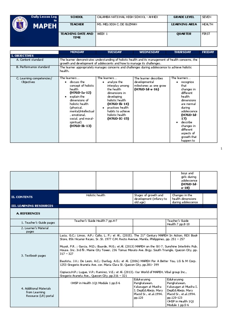 Q1 Grade 7 HEALTH DLL Week 1 | PDF | Adolescence | Puberty