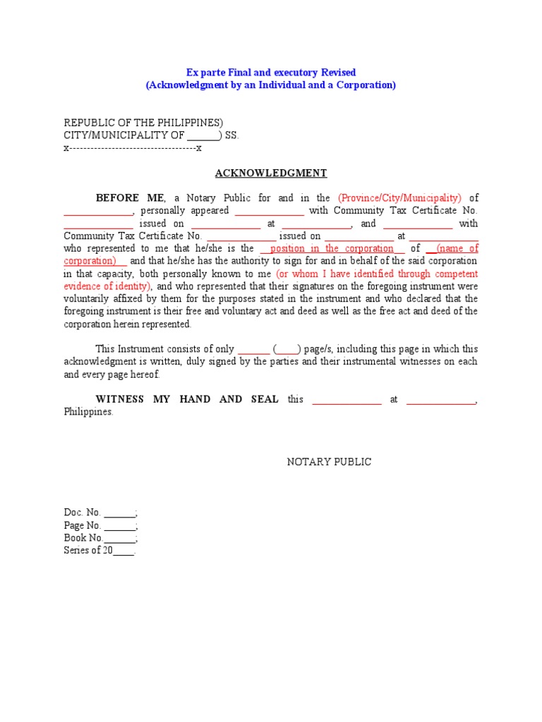 Ex Parte Final and Executory Revised Acknowledgment by An Individual ...